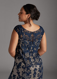 Azazie Melena Dark Navy Champagne Mermaid Lace Tulle Dress | Azazie CA