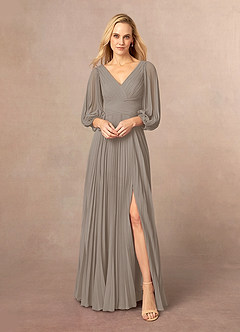 Taupe Azazie Zahara Taupe A-Line V-Neck Pleated Chiffon Dress | Azazie