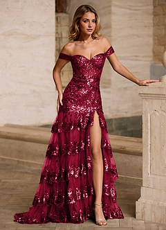 Jenna Red Ruffled Glitter Mermaid Prom Dress | Azazie