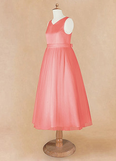 Coral Azazie Marlee Coral A-Line Pleated Matte Satin Dress | Azazie