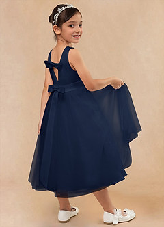 Dark Navy Azazie Marlee A-Line Pleated Matte Satin Tea-Length Dress ...