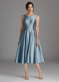 Azazie Fulton Dusty Blue A-Line Pleated Stretch Satin Dress | Azazie