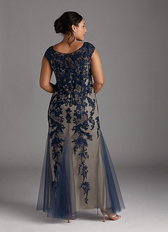 Azazie Melena Dark Navy Champagne Mermaid Lace Tulle Dress | Azazie CA