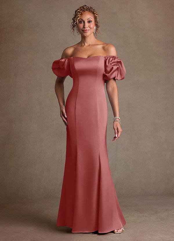 Azazie Redding Antique Rose Sheath Ruched Stretch Satin Dress | Azazie CA