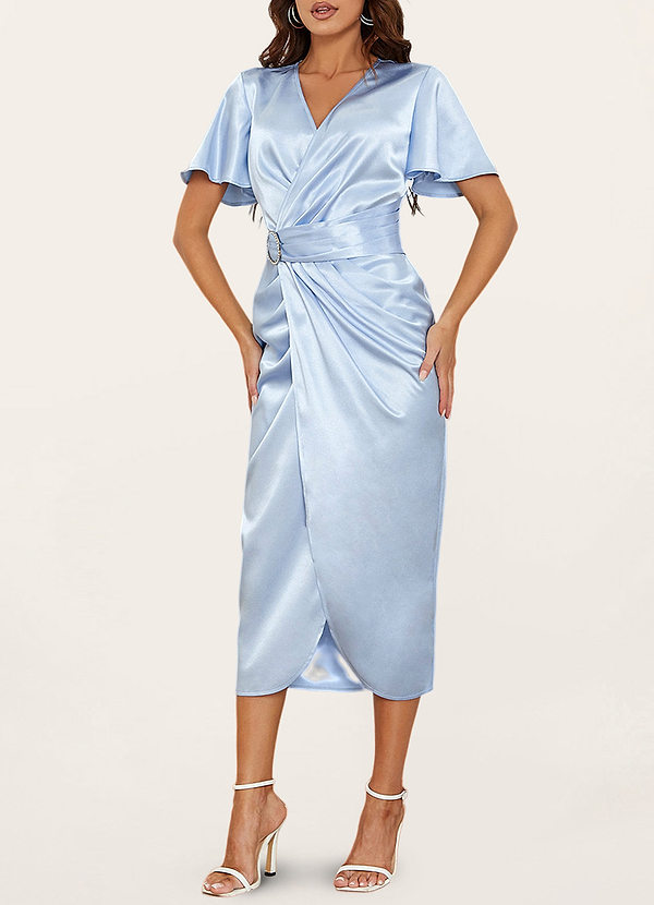Stunning Manner Light Blue Satin Short Sleeve Tulip Midi Dress Dresses | Azazie