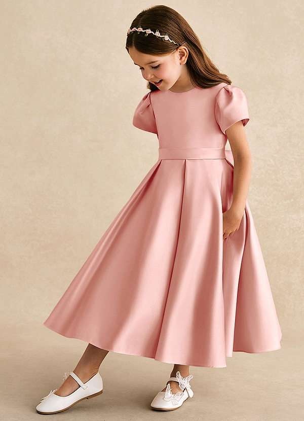 Azazie Princess Rosette A-Line Pleated Matte Satin Dress | Azazie