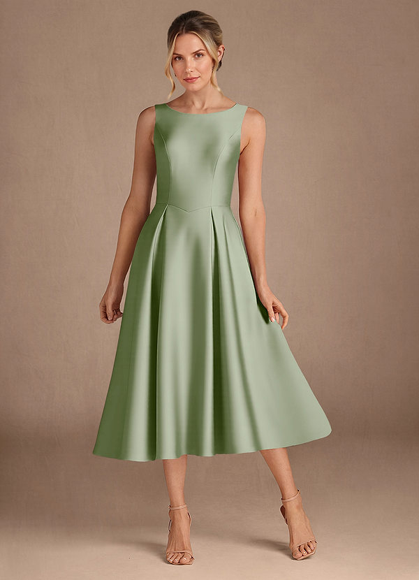 Azazie Fulton Dusty Sage A-Line Pleated Stretch Satin Dress | Azazie CA