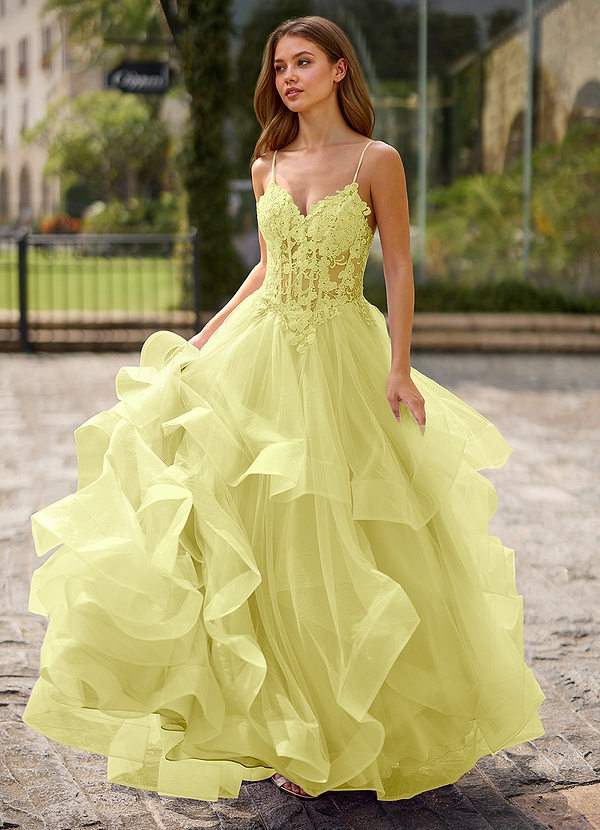 Spitze Yellow Sheer Lace Prom Dress | Azazie