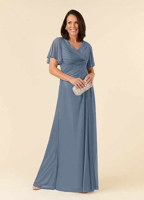Azazie Emmeline Twilight A-Line V-Neck Pleated Mesh Dress | Azazie