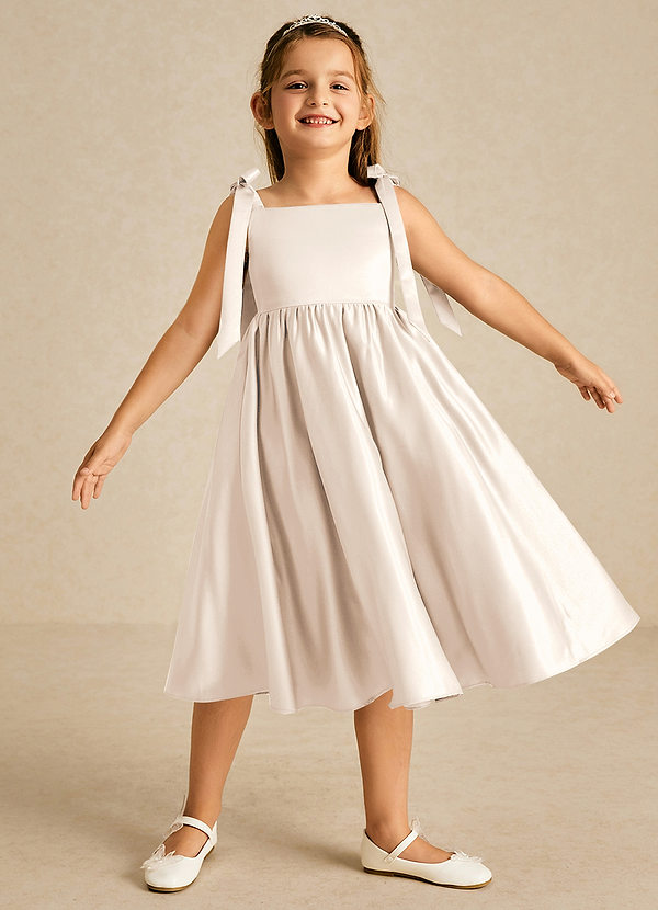 Azazie Chelsie White Alabaster A-Line Bow Matte Satin Dress | Azazie CA