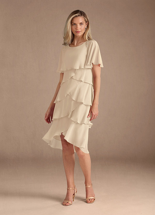 Azazie Rita Champagne A-Line Scoop Beaded Chiffon Dress | Azazie