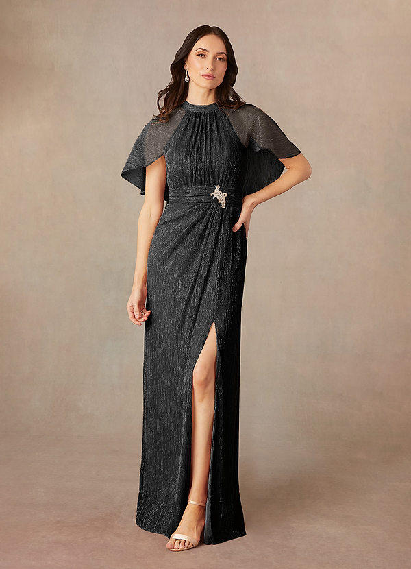 Azazie Draga Black Sheath Pleated Metallic Mesh Dress | Azazie CA