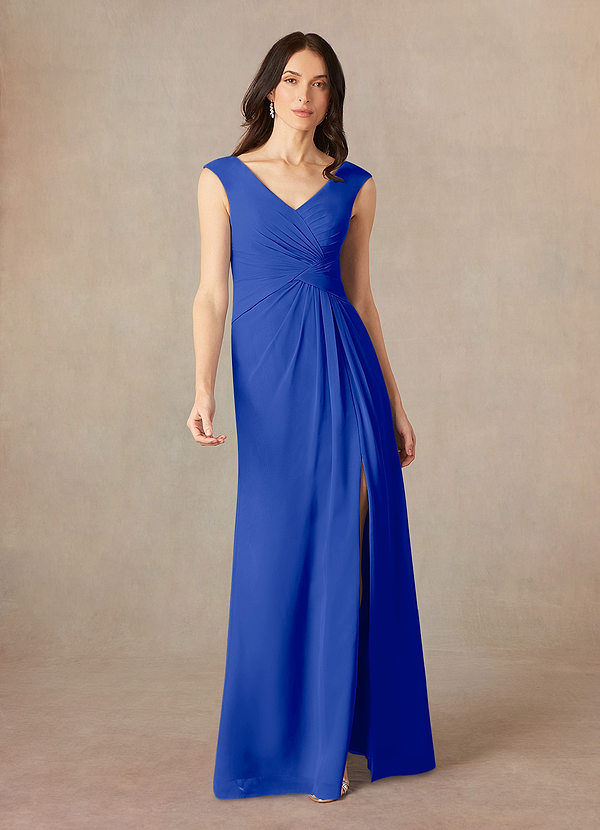 Azazie Sally Royal Blue A-Line V-Neck Pleated Chiffon Dress | Azazie