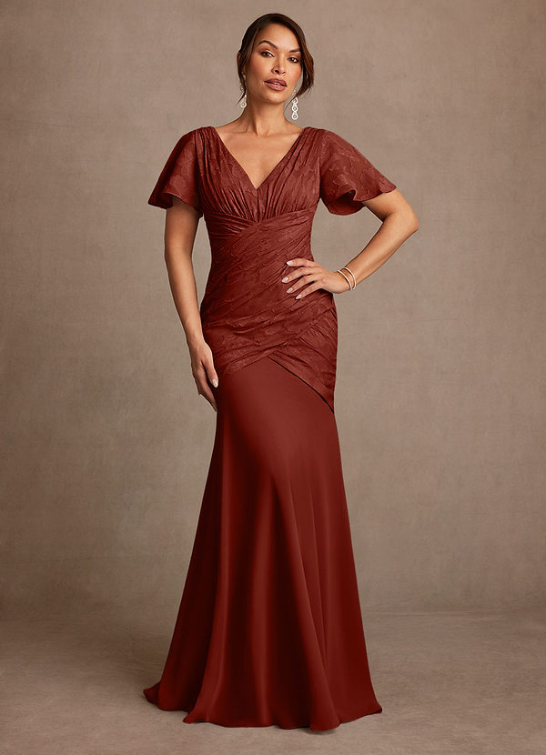 Azazie Jolene Terracotta Mermaid Pleated Floral Burnout Dress | Azazie