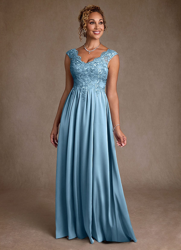 Azazie Amethyst Steel Blue A-Line Lace Dress | Azazie