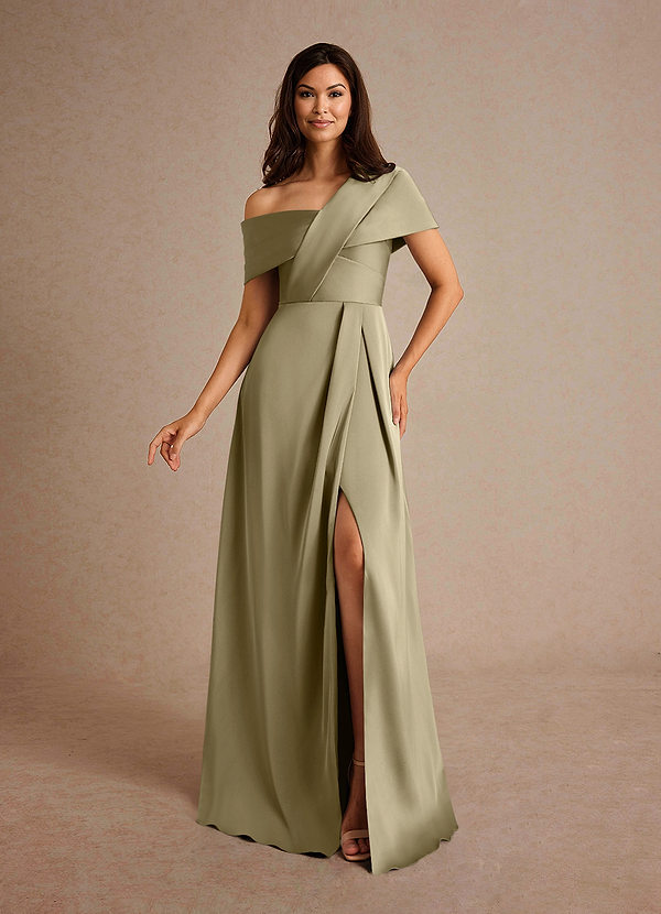 Azazie Milton Moss Green A-Line Pleated Stretch Satin Dress | Azazie