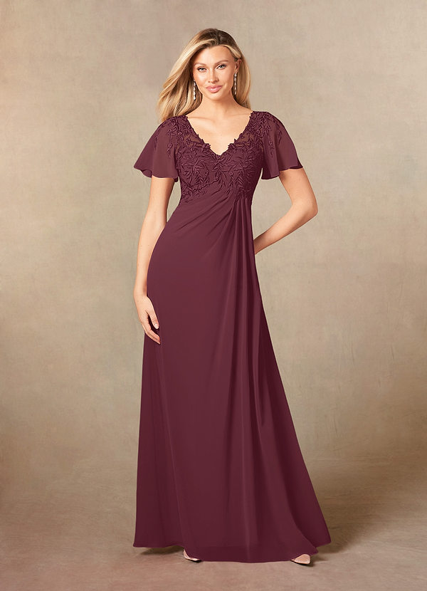 Cabernet Azazie Holga A-Line V-Neck Lace Chiffon Floor-Length Dress ...