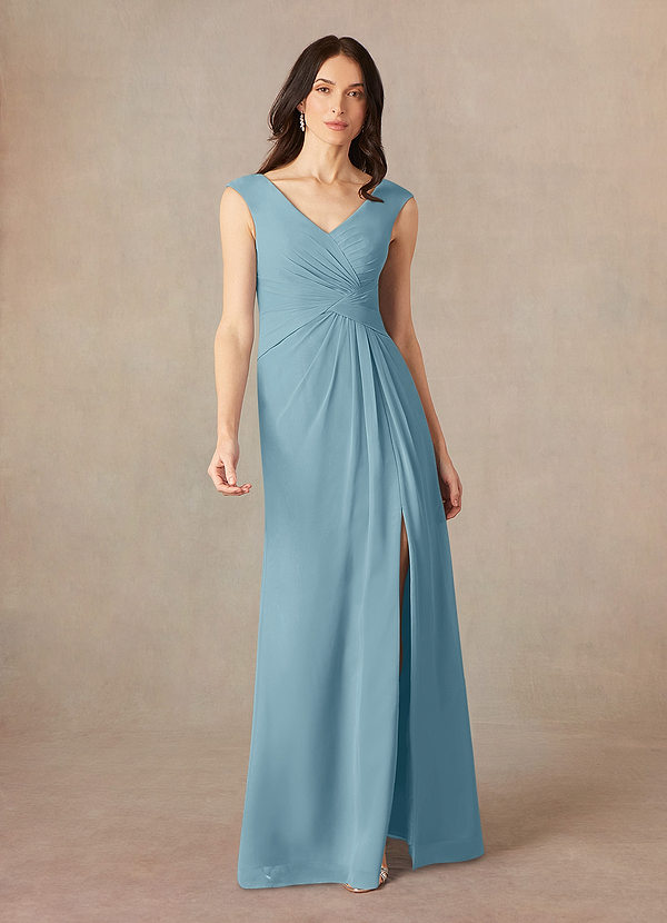 Azazie Sally Moody Blue A-Line V-Neck Pleated Chiffon Dress | Azazie UK