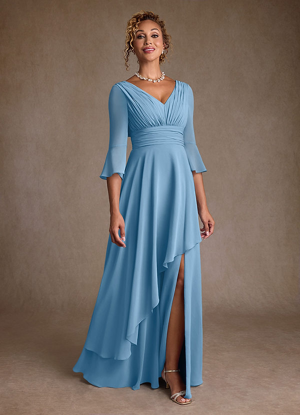 Azazie Eire Steel Blue A-Line Pleated Chiffon Dress | Azazie CA