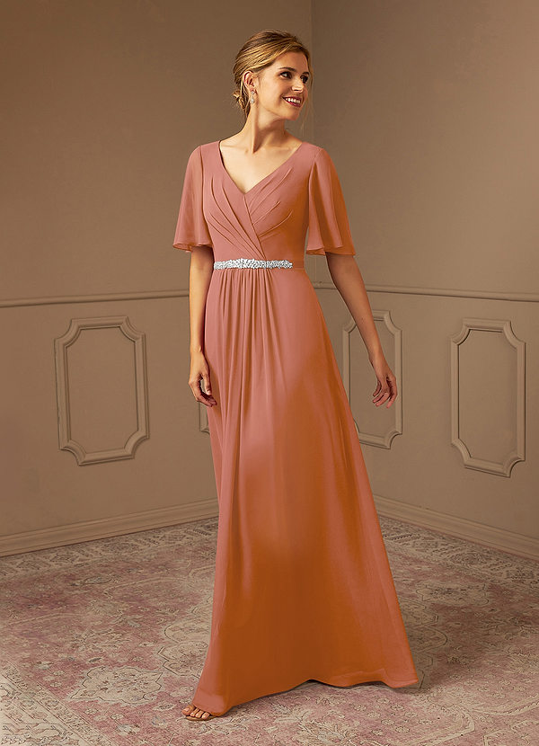 Azazie Tricia Mai Tai A-Line V-Neck Pleated Chiffon Dress | Azazie