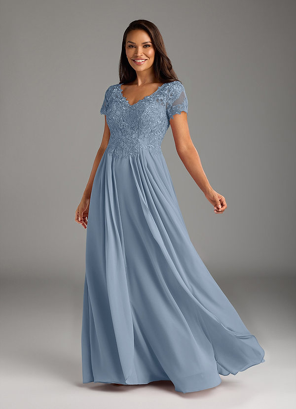 Azazie Dunja Dusty Blue A-Line V-Neck Lace Chiffon Dress | Azazie CA