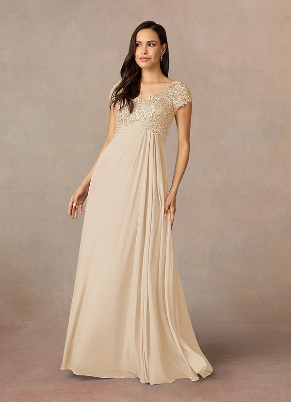 Azazie Macy Champagne A-Line V-Neck Sequin Lace Lace Dress | Azazie CA