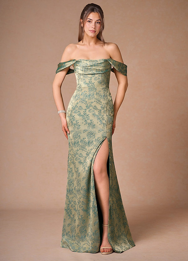 Romilly Platinum Teal Off Shoulder Maxi Dress | Azazie