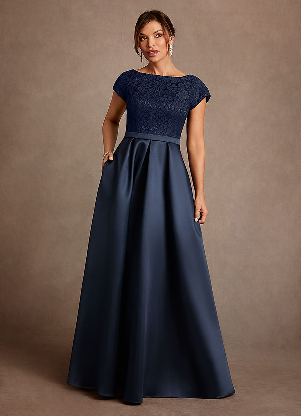 Azazie Albany Dark Navy A-Line Pleated Lace Dress | Azazie CA