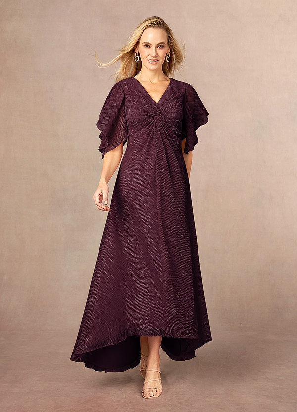 Azazie Mollina Berry A-Line Ruffle Flutter Sleeve Metallic Mesh Dress ...