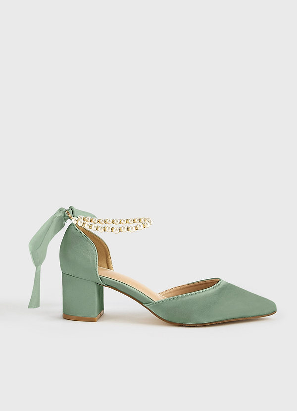 Matcha Matte Satin Pearl and Bow Pointed Toe Block Heels | Azazie CA
