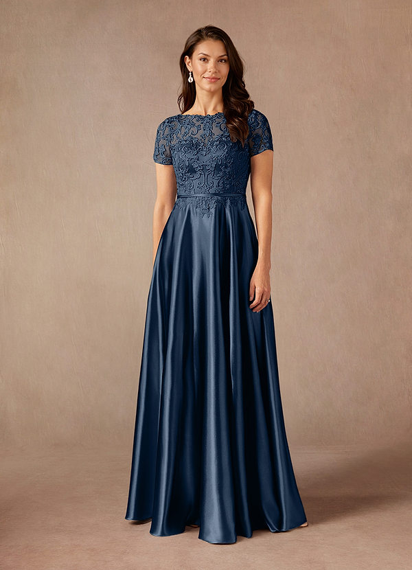 Azazie Adina Dark Navy A-Line Lace Metallic Satin Dress | Azazie CA