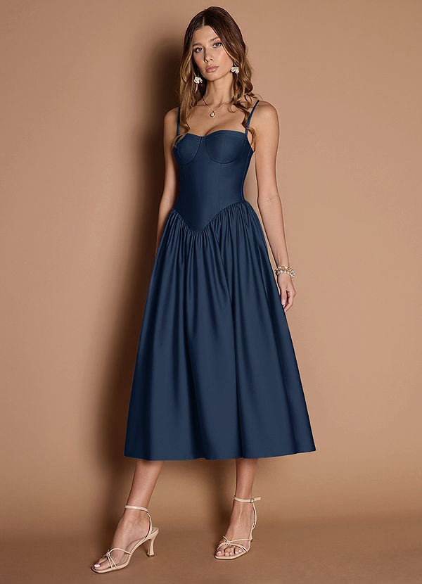 Ottilie Navy Pleated Midi Dress | Azazie CA