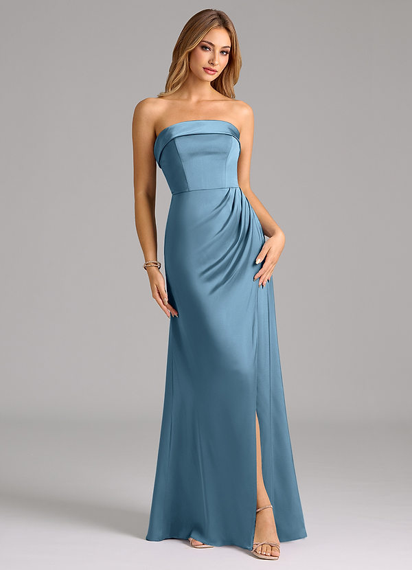 Azazie Aretha Steel Blue Stretch Satin Bridesmaid Dresses | Azazie UK