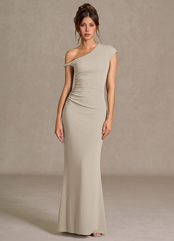Heliora Beige Maxi Dress | Azazie CA
