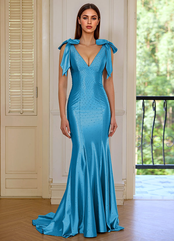 Arabella Lake Blue Polka-Dot Bows V-neck Satin Mermaid Prom Dress | Azazie