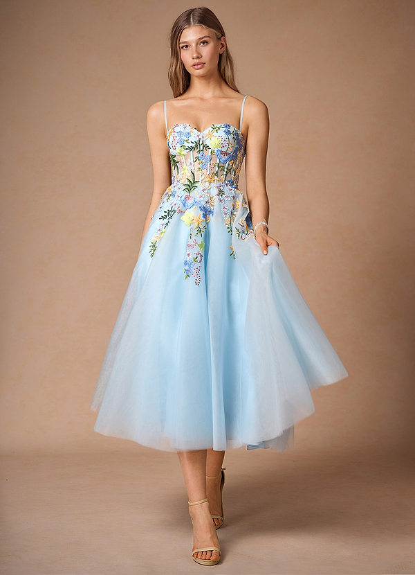 Iverine Sky Blue Multi Midi Dress | Azazie