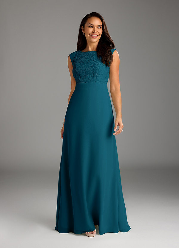 Azazie Bettina Ink Blue A-Line Lace Chiffon Dress | Azazie