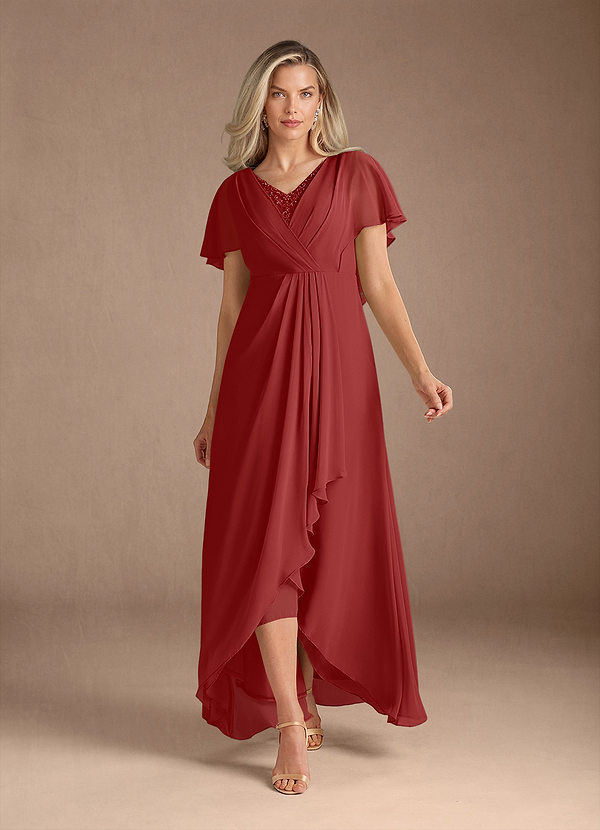 Azazie Eliza Rust A-Line V-Neck Pleated Chiffon Dress | Azazie