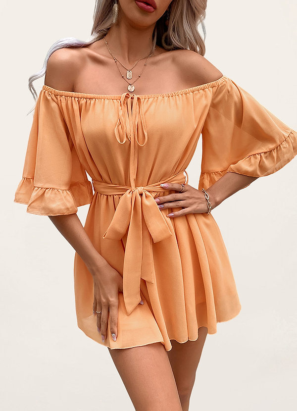 Leesburg Orange Off-The-Shoulder Half Sleeve Romper Dresses | Azazie
