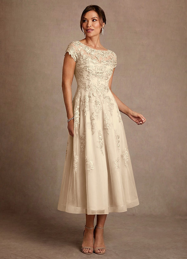 Azazie Jolanda Champagne A-Line Lace Dress | Azazie AU