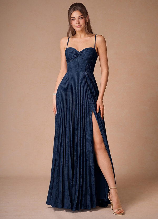 Akiko Navy Pleated Maxi Dress | Azazie