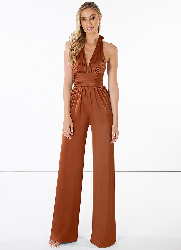 Azazie Oli Stretch Satin Jumpsuit Copper Bridesmaid Dresses | Azazie