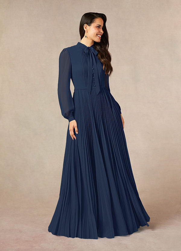 Azazie Adellah Dark Navy A-Line Pleated Chiffon Dress | Azazie CA
