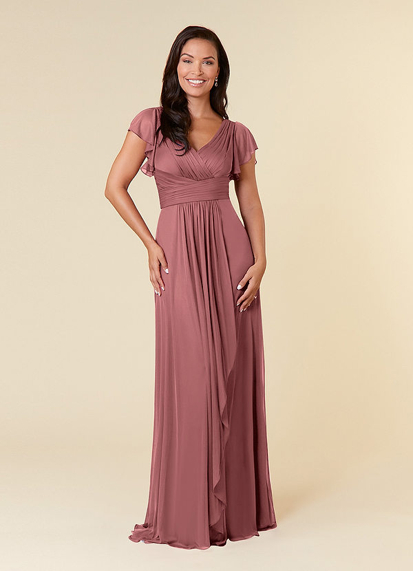 Azazie Reneya Desert Rose A-Line Pleated Mesh Dress | Azazie