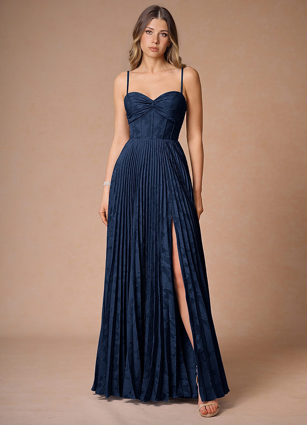 Akiko Navy Pleated Maxi Dress | Azazie