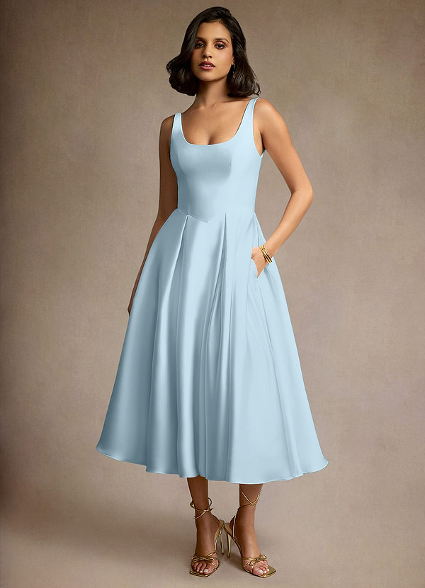 Mariea Sky Blue Pleated Midi Dress | Azazie