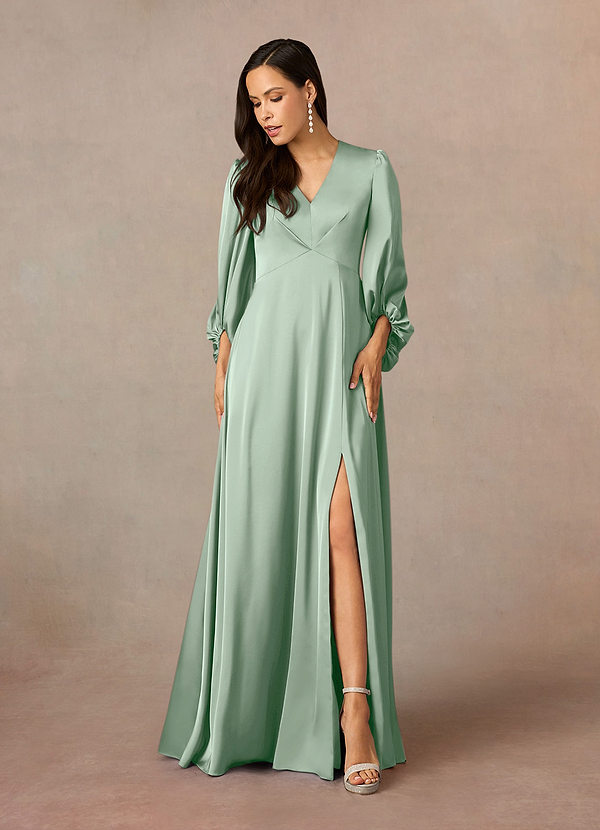 Azazie Luna Agave A-Line Pleated Stretch Satin Dress | Azazie CA