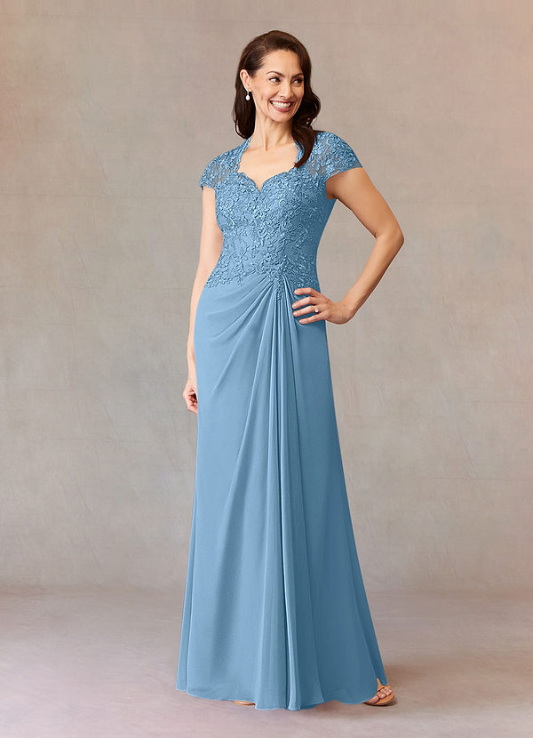 Azazie Junie Steel Blue A-Line Lace Chiffon Dress | Azazie