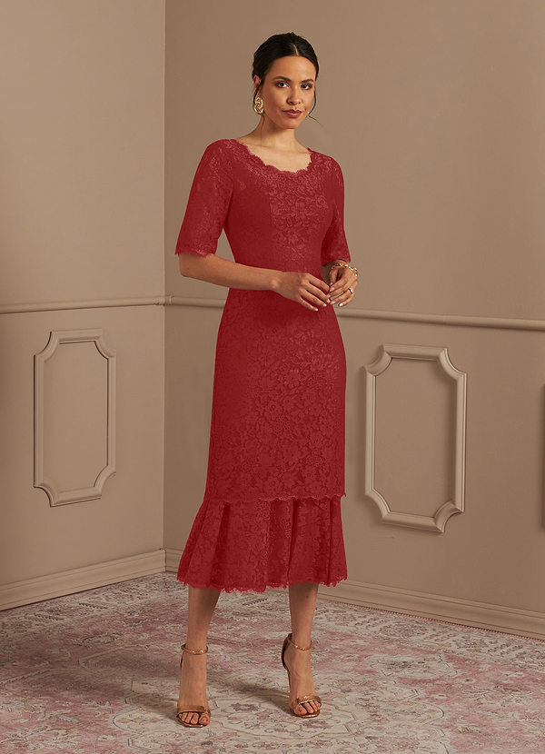 Rust Azazie Lisa Mermaid Lace Tea-Length Dress | Azazie