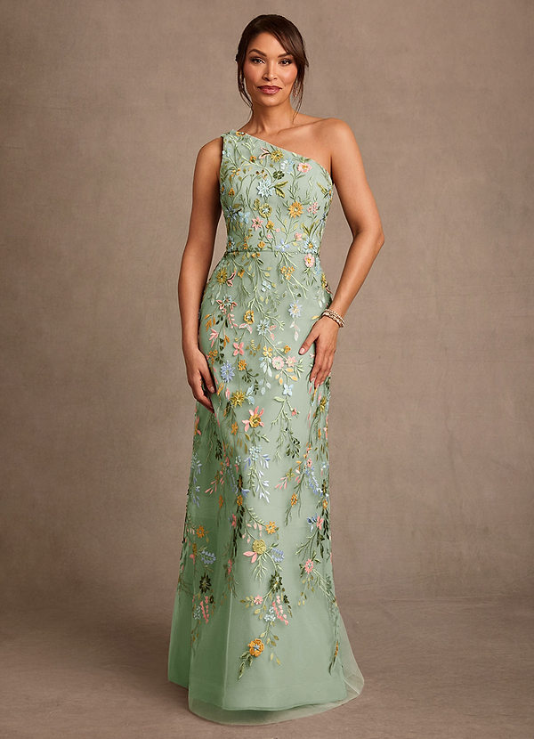 Azazie Bertie Dusty Sage A-Line Lace Dress Sample Dress | Azazie
